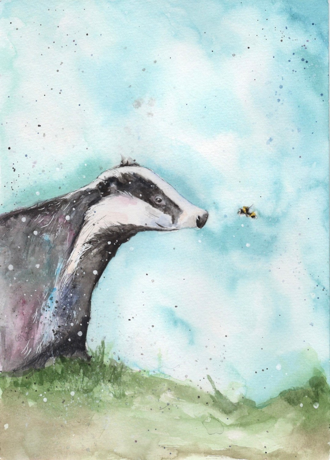 Dachs Aquarell Druck, Dachs mit Hummel Druck, Aquarelldruck, Geschenk ...