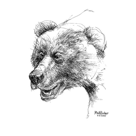 Grizzly Bear Pen & Ink Wall Art | Etsy
