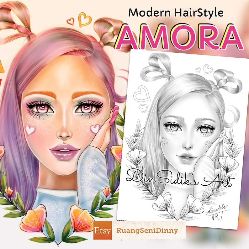 Modern Hairstyle AMORA Coloring Page by Dinnysidik - Etsy