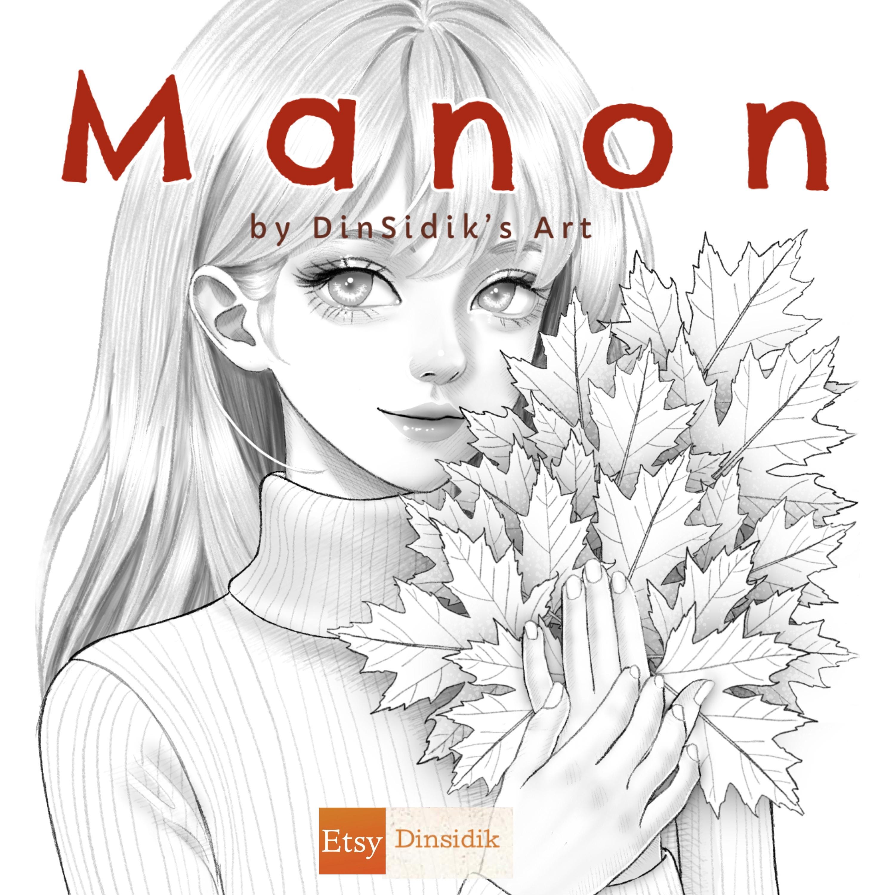 Manon Coloring Pages: Portrait With Autumn Leaves (PDF Files) - Etsy