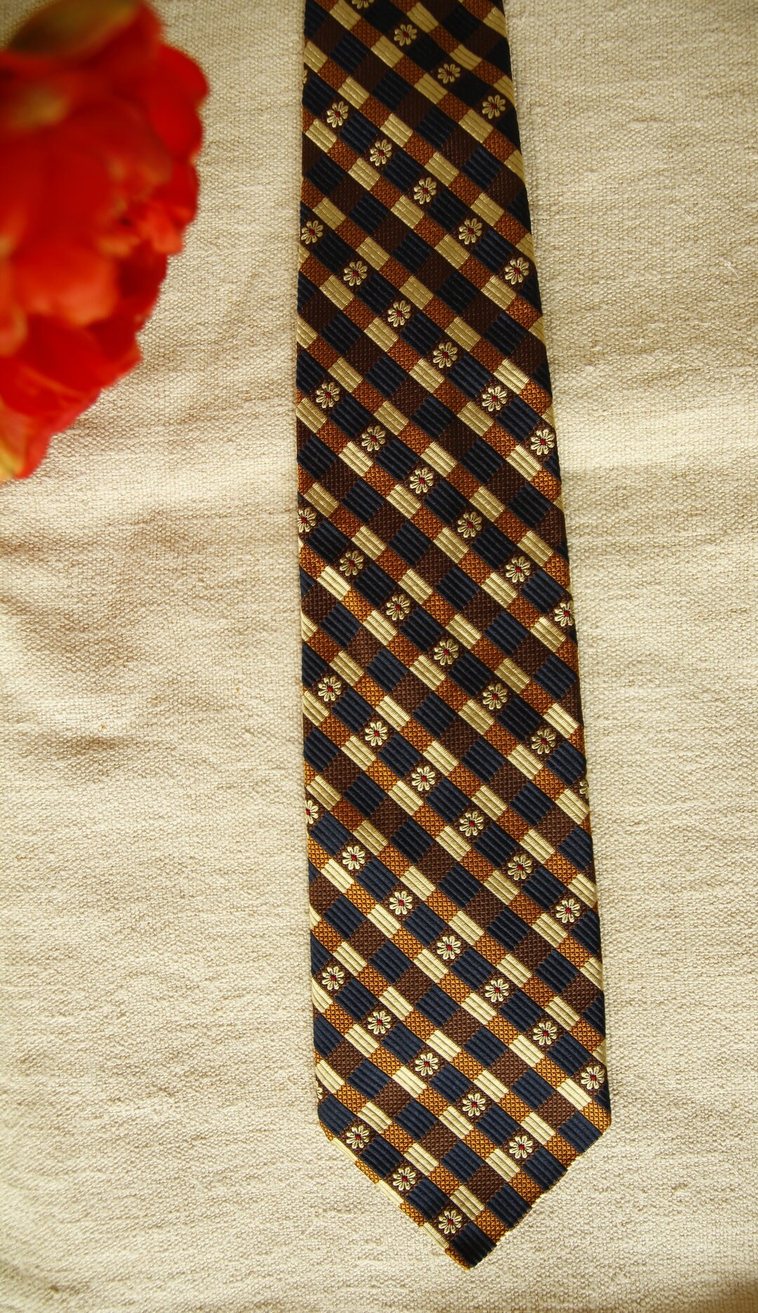 Vintage Azzaro Tie 100% Silk Gold/copper Check and Flower Patterns on ...