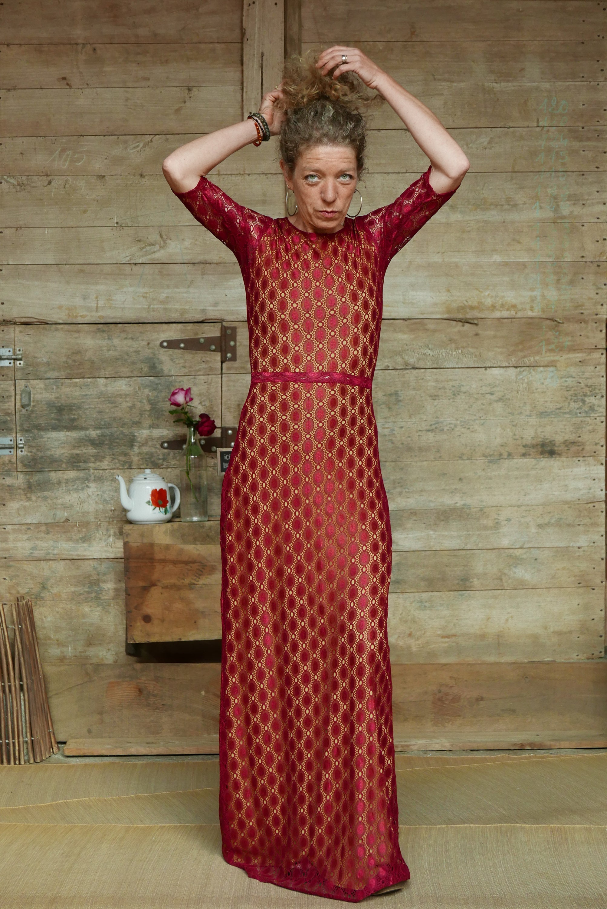 Splendid Dress Red Shiny and Visible Lining Powder Pink Nude, Vintage ...