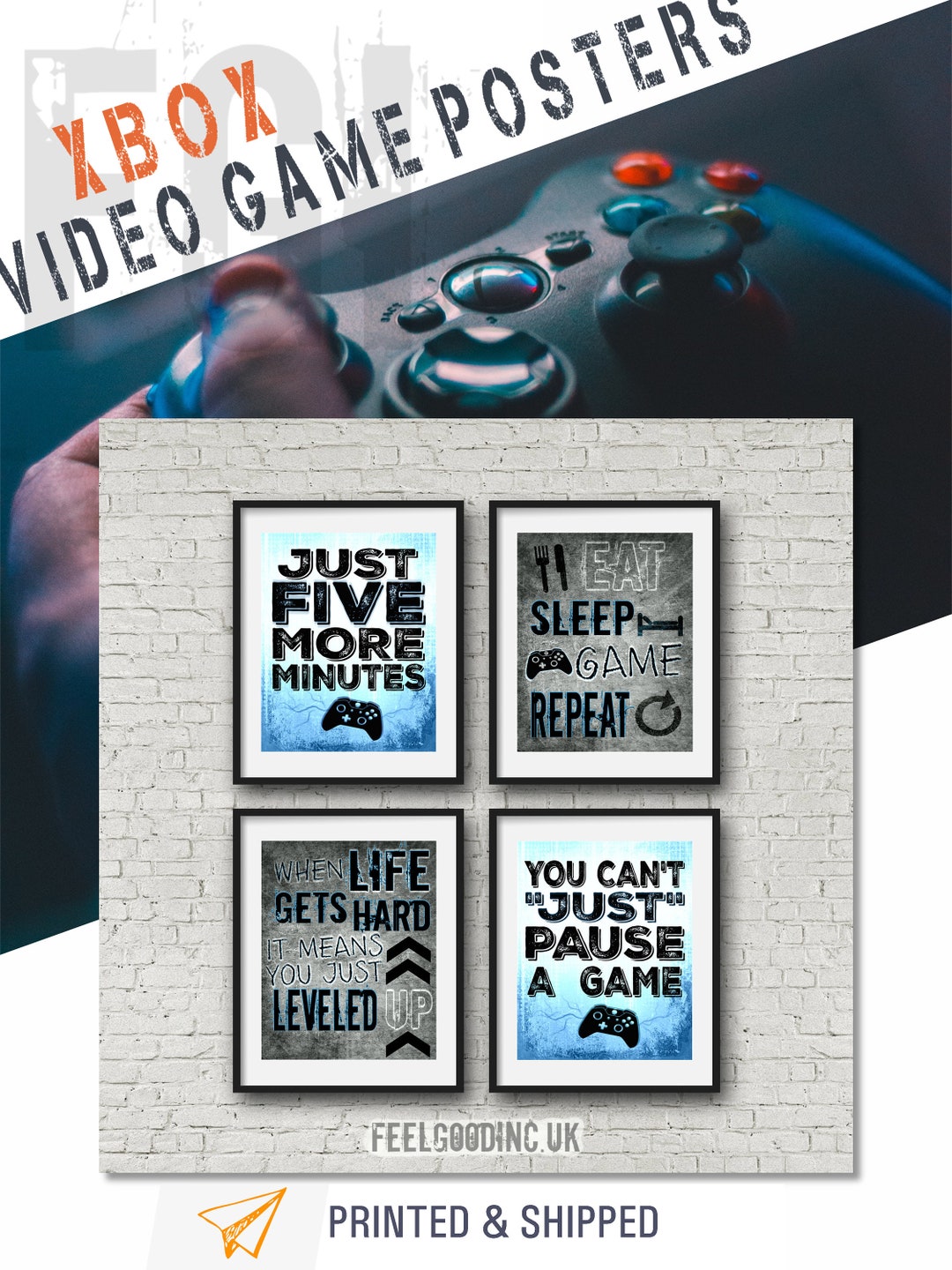 Set of Four Blue XBOX Posters for Teenage Boys Bedroom, Game Room Decor ...