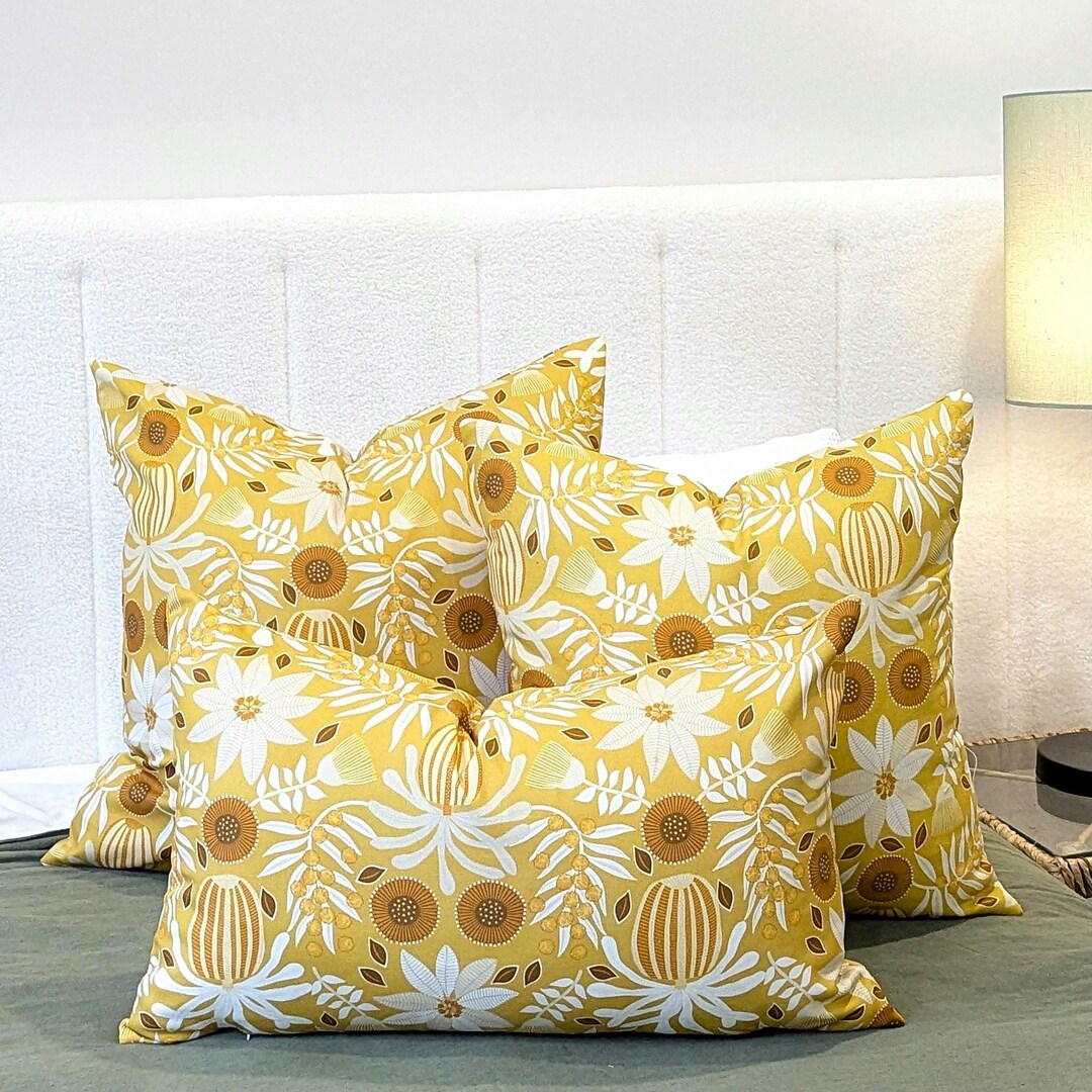 Mustard Wattle Cushion Cover, Australian Native Design Cushion, Premium ...