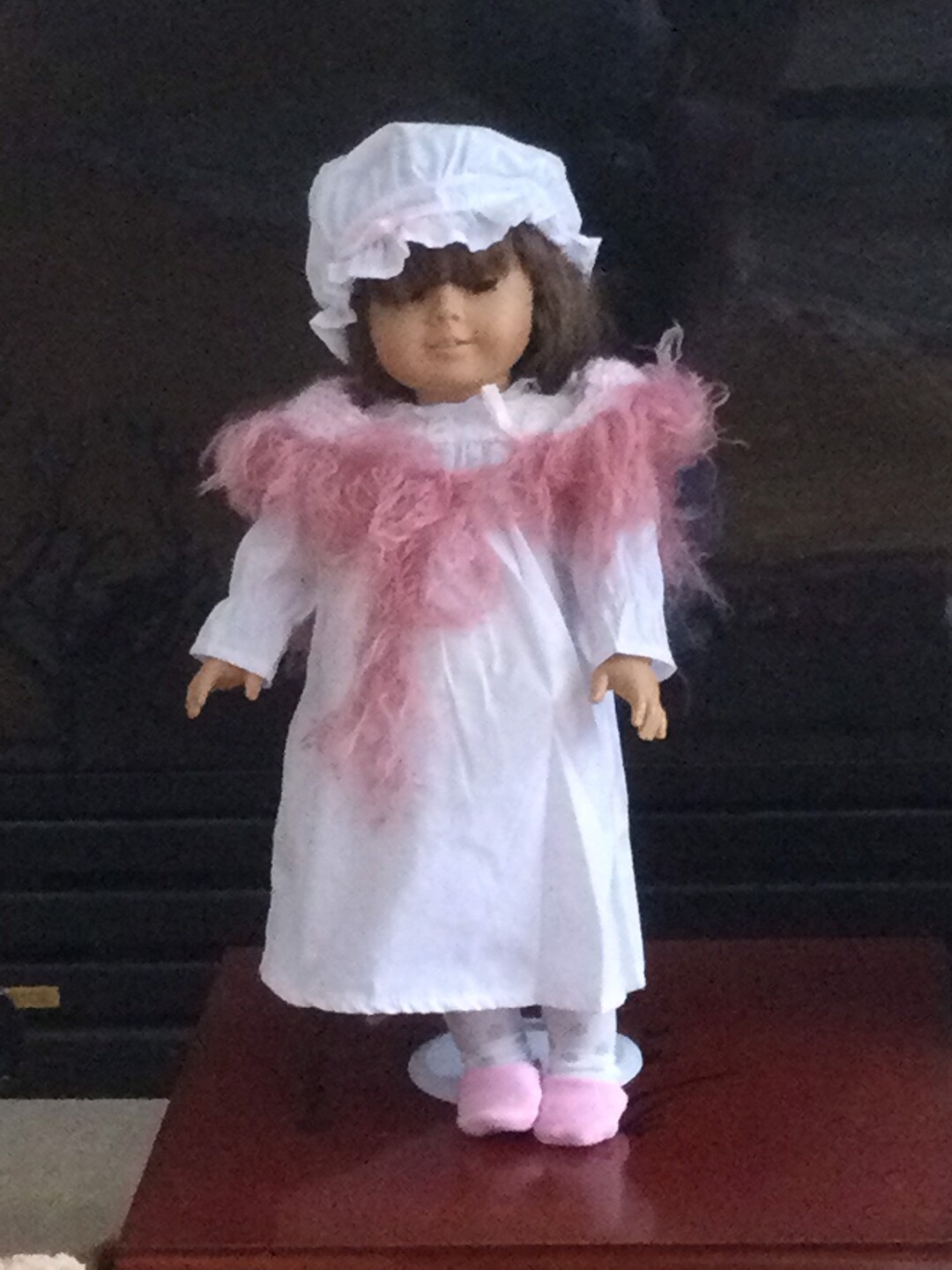 A Colonial Style Nightgown,nightcap,in White Cotton,white Lace and Pink ...