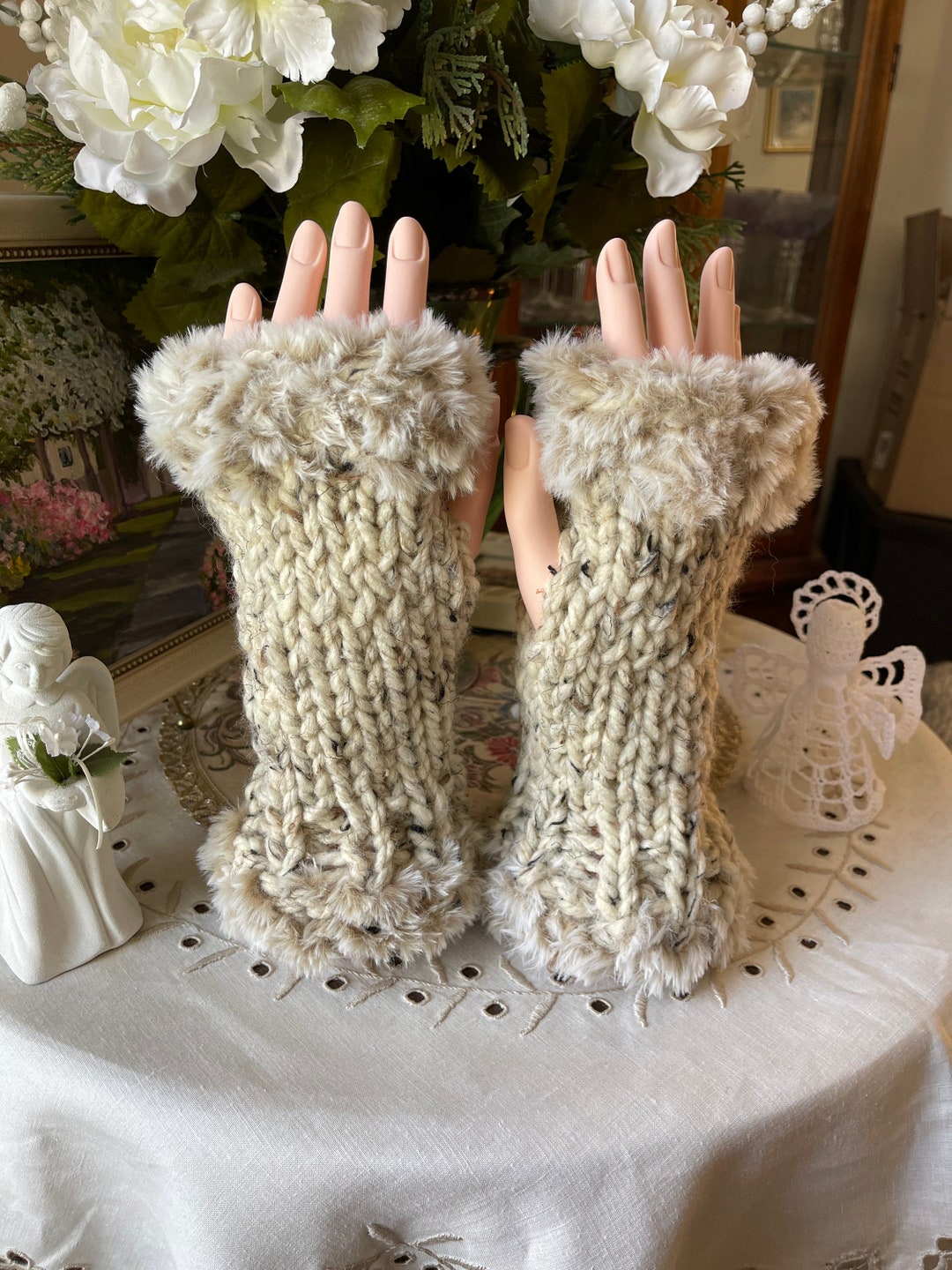 Furry Trimmed Fingerless Gloves at Cuffs and Top,in Chunky Oatmeal ...