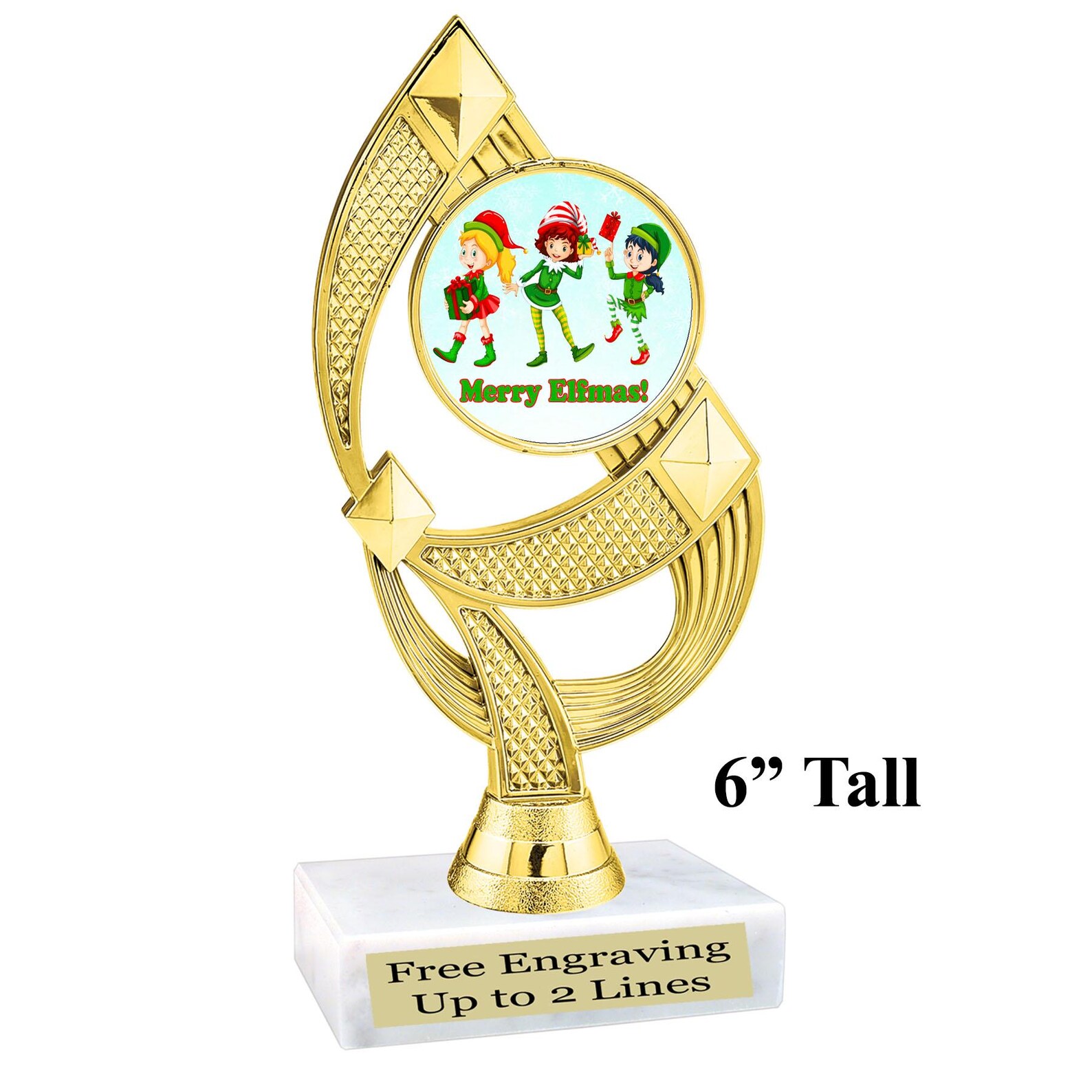 Elf Theme Trophy With Gold Figure and Choice of Artwork. 6" Tall. Cute ...