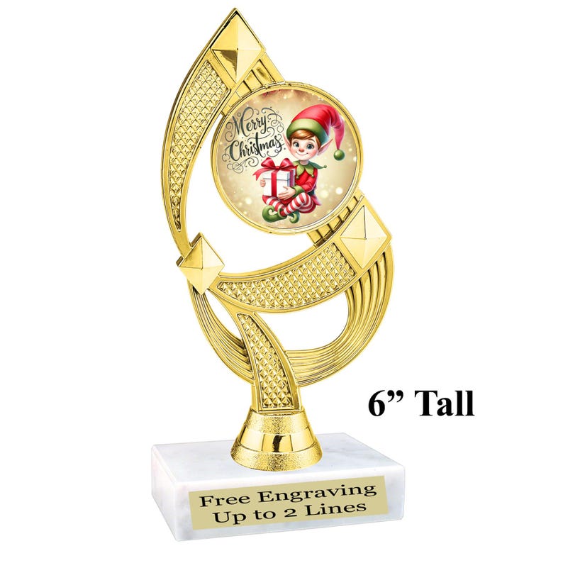 Elf Theme Trophy With Gold Figure and Choice of Artwork. 6" Tall. Cute ...