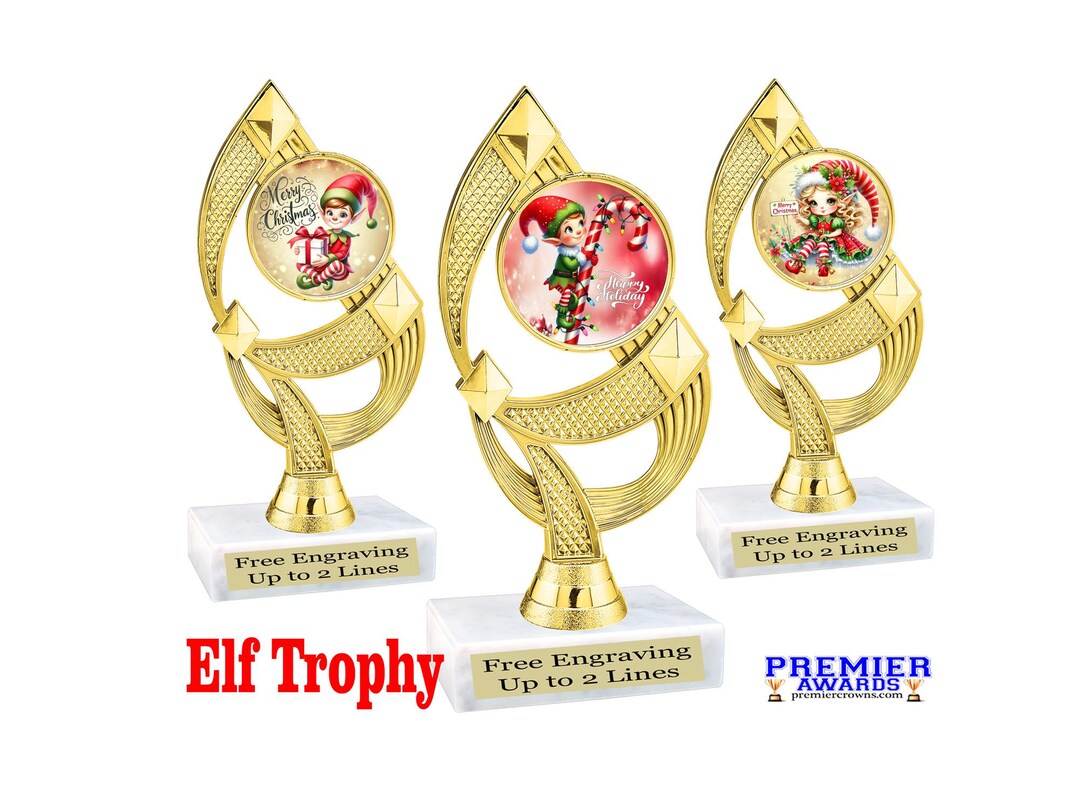 Elf Theme Trophy With Gold Figure and Choice of Artwork. 6" Tall. Cute ...