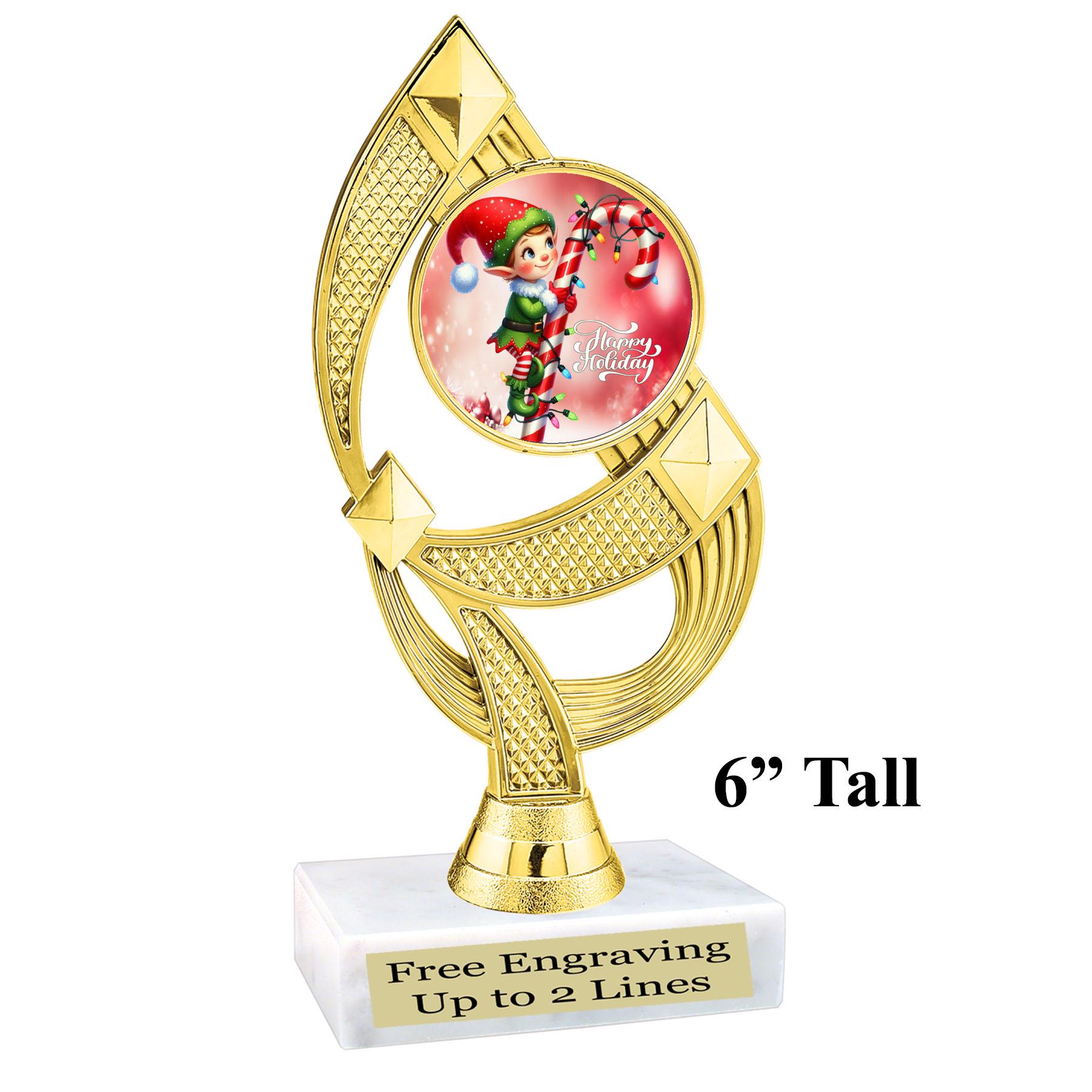 Elf Theme Trophy With Gold Figure and Choice of Artwork. 6" Tall. Cute ...
