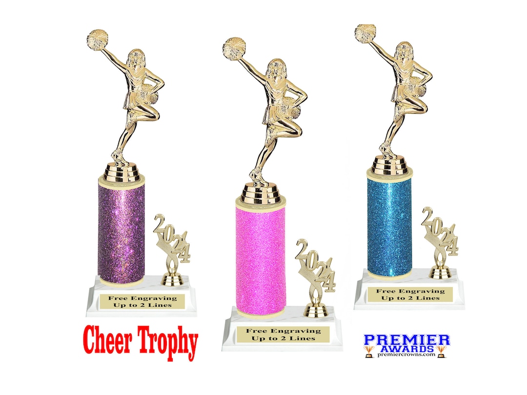 Cheer Trophy With Choice of Glitter Column Color. Trophy Heights Start at 10 Inches. Great for ...