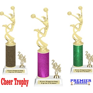 Cheer Trophy With Choice of Glitter Column Color. Trophy Heights Start at 10 Inches. Great for ...