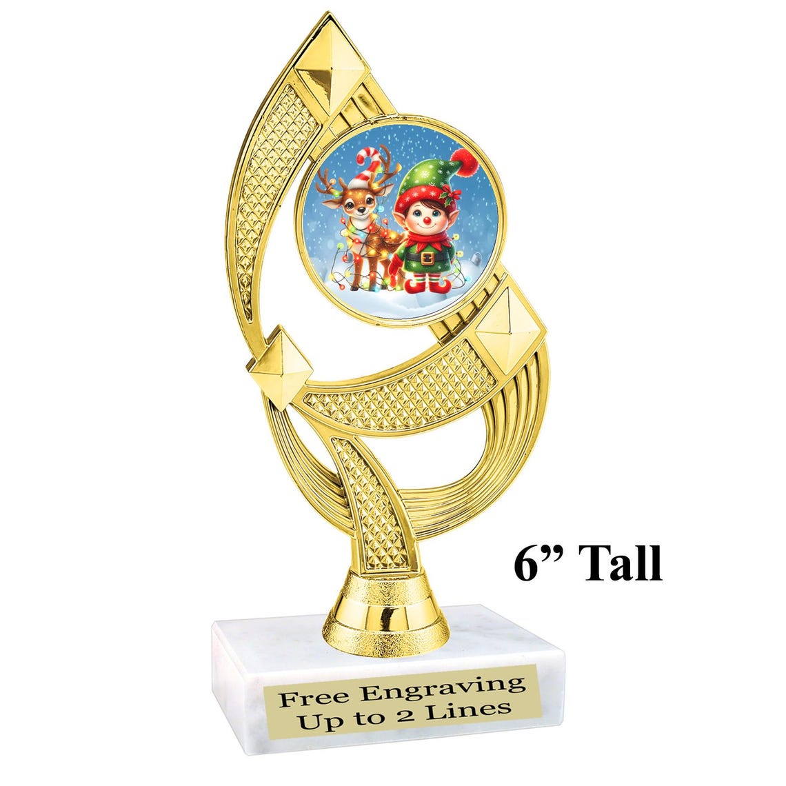 Elf Theme Trophy With Gold Figure and Choice of Artwork. 6" Tall. Cute ...
