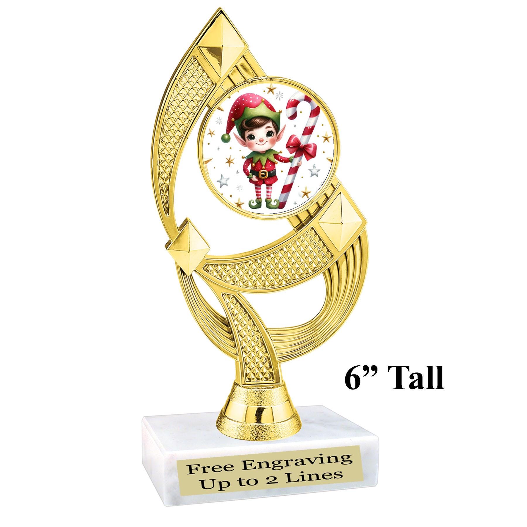 Elf Theme Trophy With Gold Figure and Choice of Artwork. 6" Tall. Cute ...