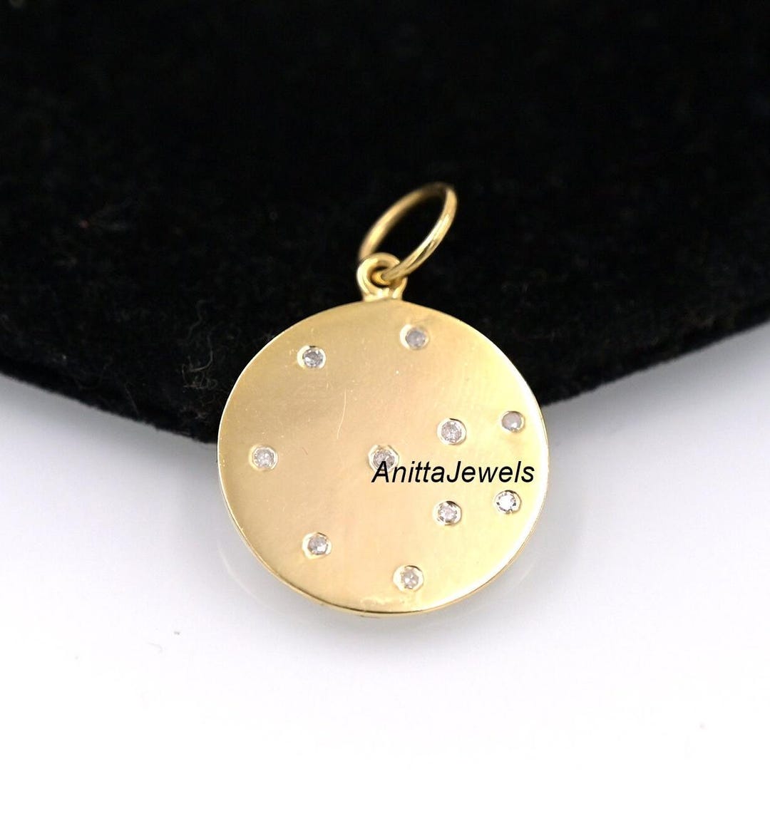 14K Gold Diamond Disc Pendant, Round Disc Pendant, 14K Disc Charm ...