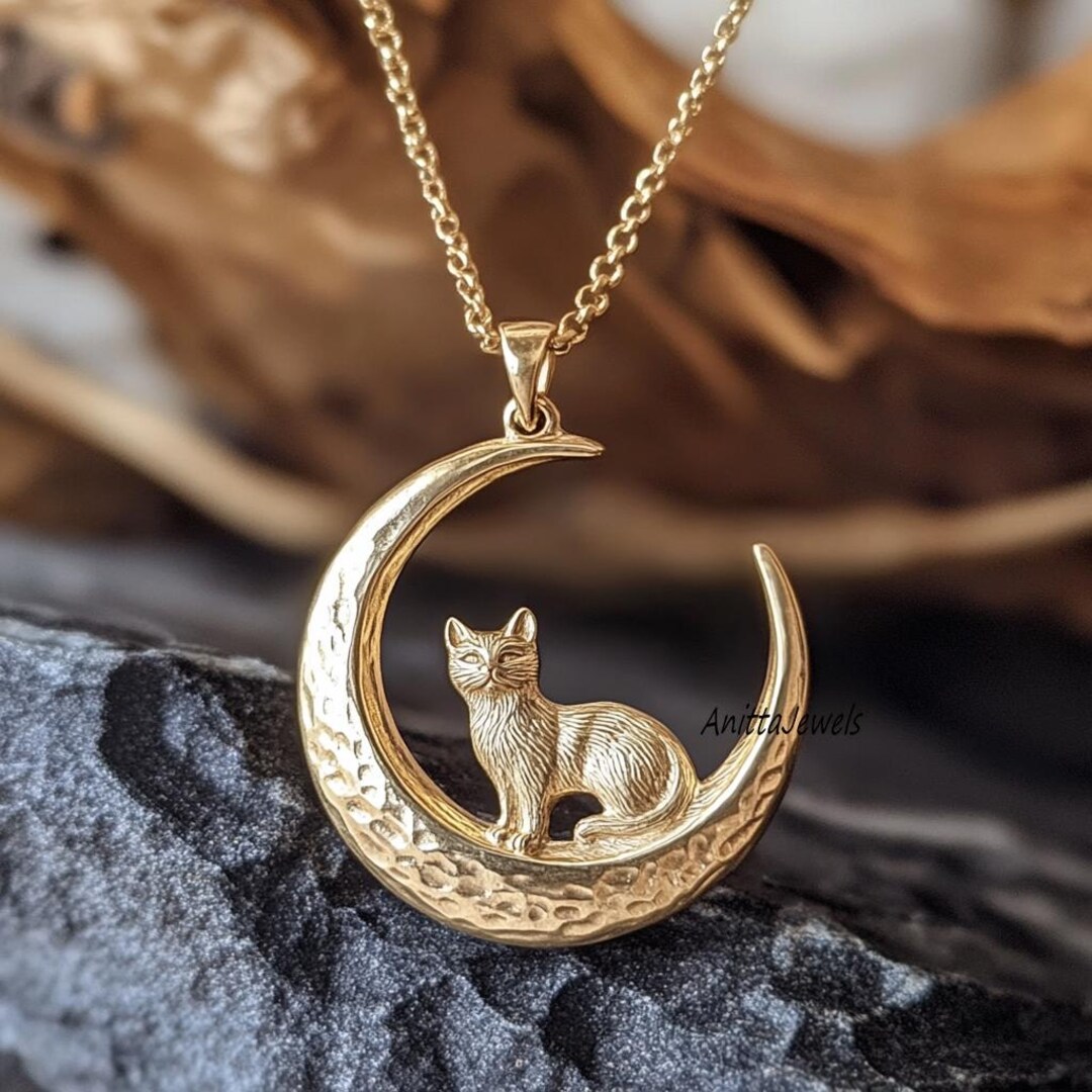 14k Gold Cat-moon Pendant, Crescent Moon Cat Pendant, Cat on the Moon ...