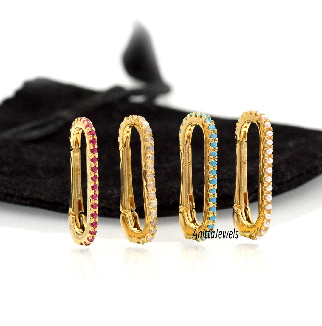 14K Gold Gemstone Oval Push Lock: Handmade Enhancer Charm Holder - Etsy