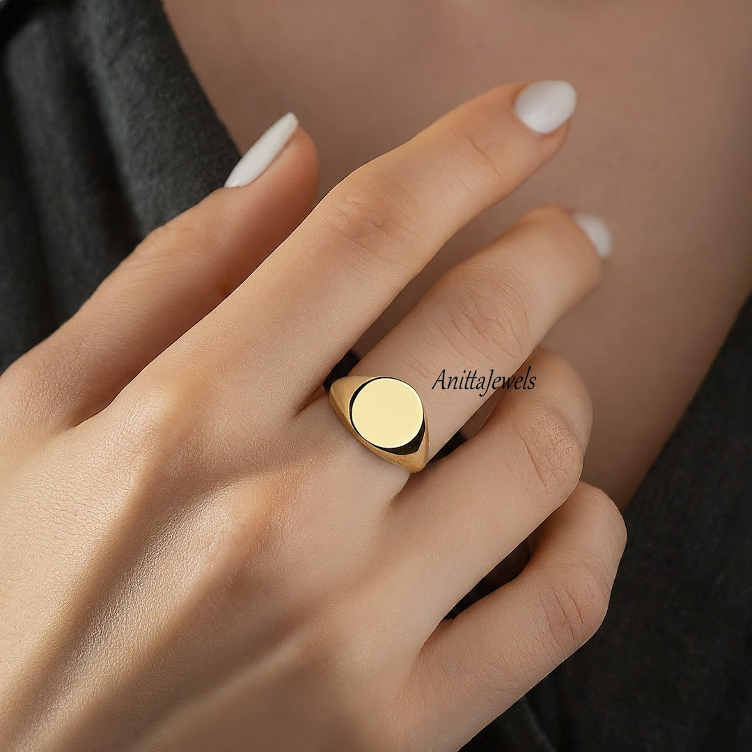 Round Plane Signet Ring, Gold Circle Signet Ring, 14K Solid Gold Round ...