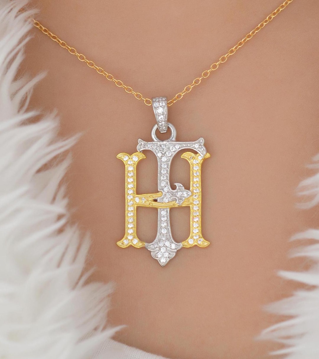 Diamond Monogram Pendant, Diamond Two Tone Monogram Necklace, 925 ...