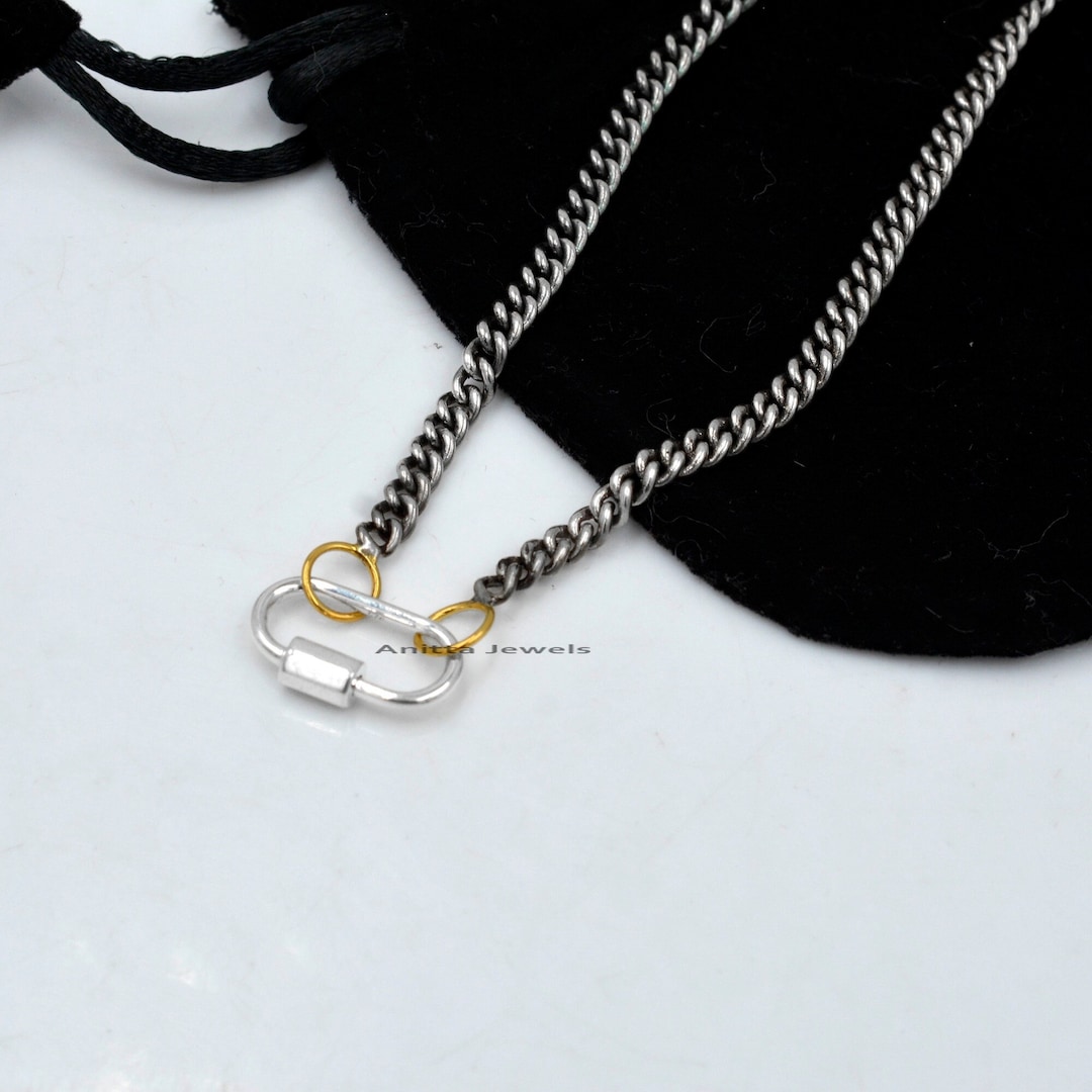 925 Silver Carabiner Chain, Carabiner Chain Necklace, Oxidised Curb ...