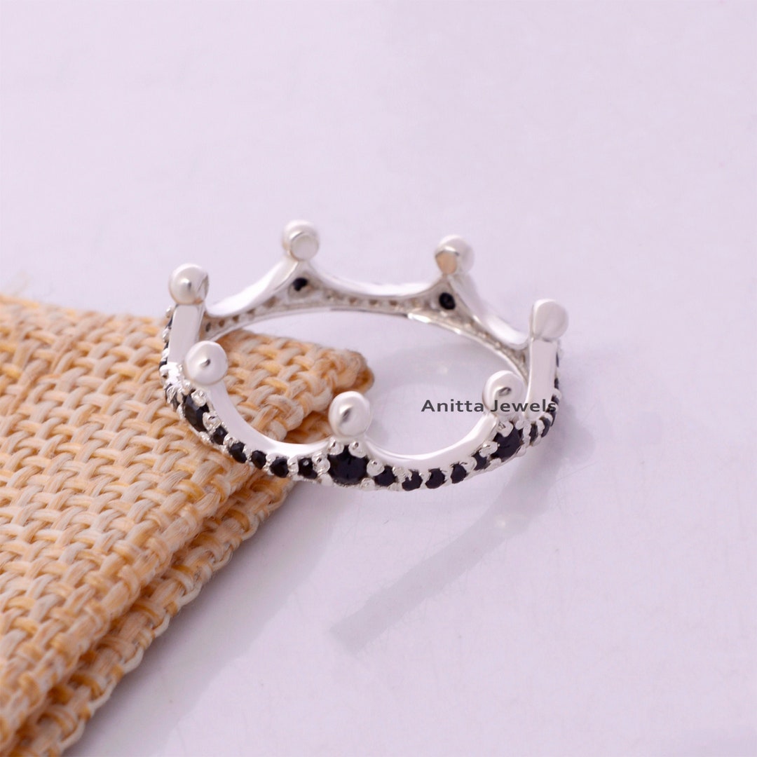 Pave Crown Ring, Black Diamond Crown Ring, 925 Silver Diamond Queen Crown Ring, Diamond Princess ...