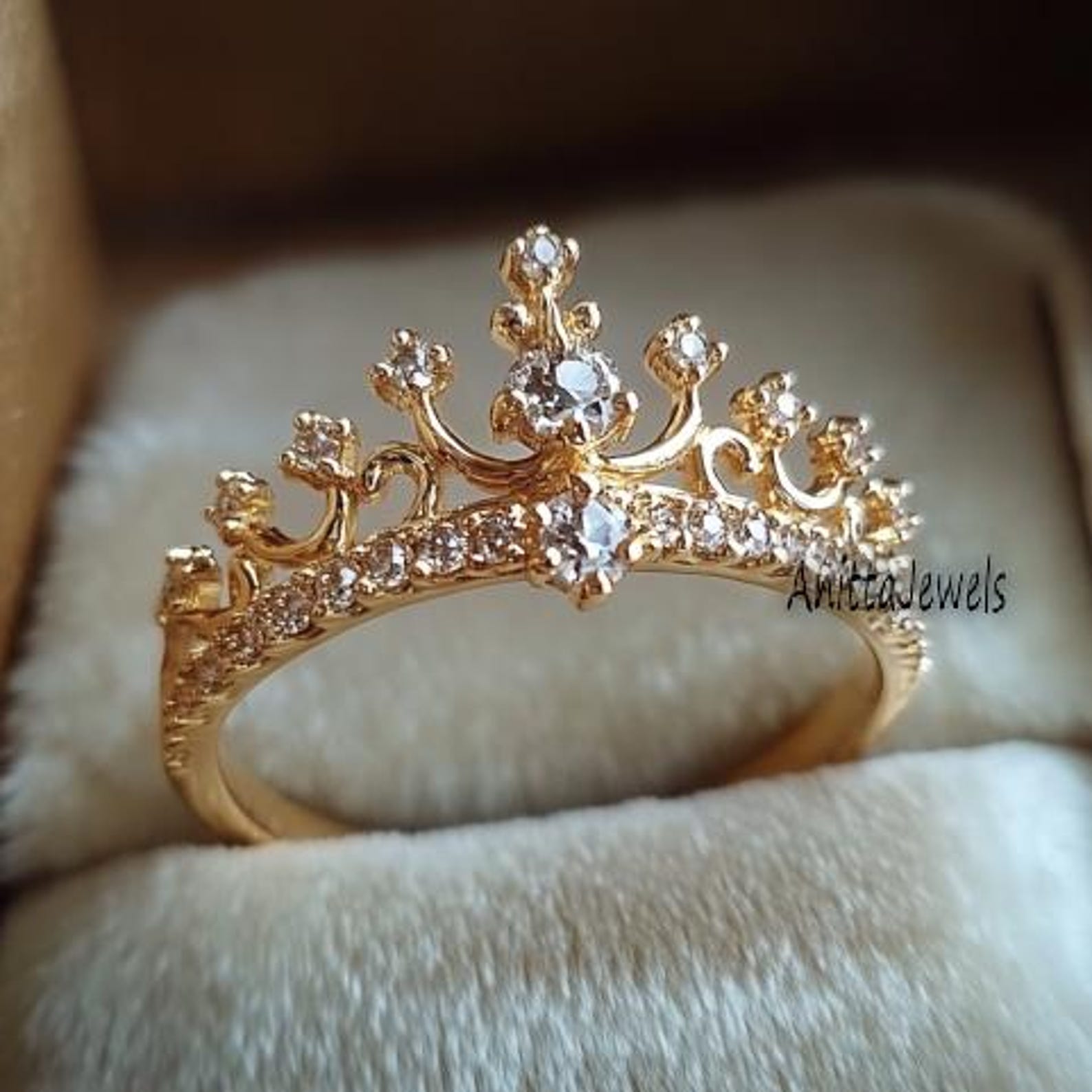 14k Solid Gold CZ Tiara Ring, Queen Crown Ring, Minimalist Princess Ring, Tiara Ring, Princess ...
