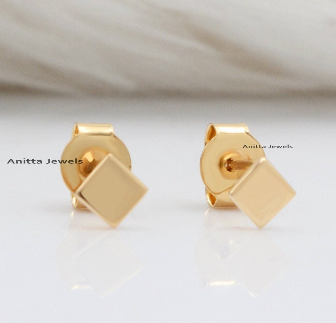 14K Solid Gold Square Stud Earrings, Geometric Earrings - Etsy