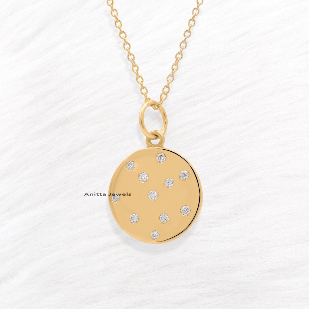 14K Gold Diamond Disc Pendant, Round Disc Pendant, 14K Disc Charm ...
