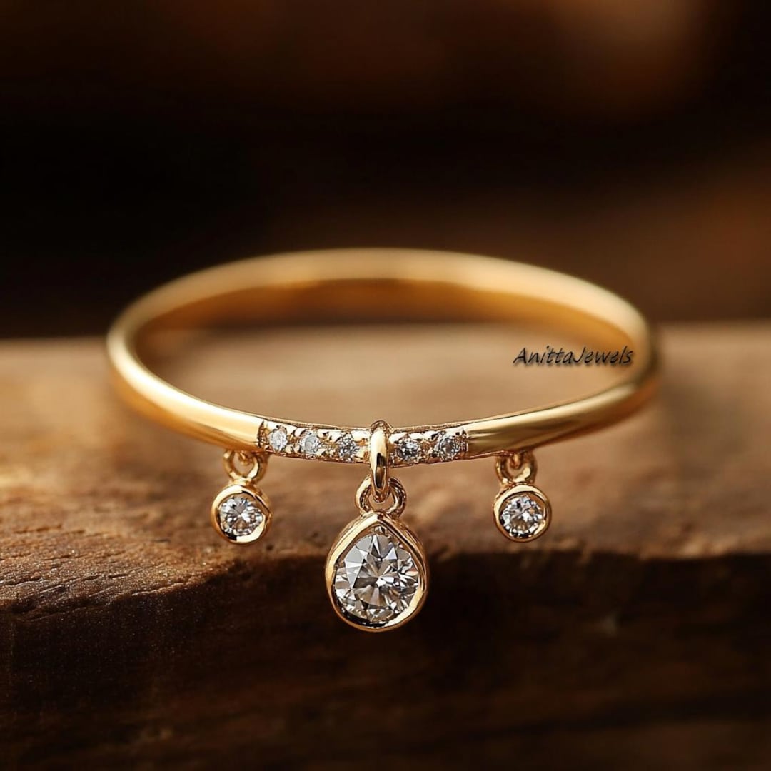 Dangling Diamond Charm Ring, Round Diamond Dangle Ring, Gold Thin Ring ...