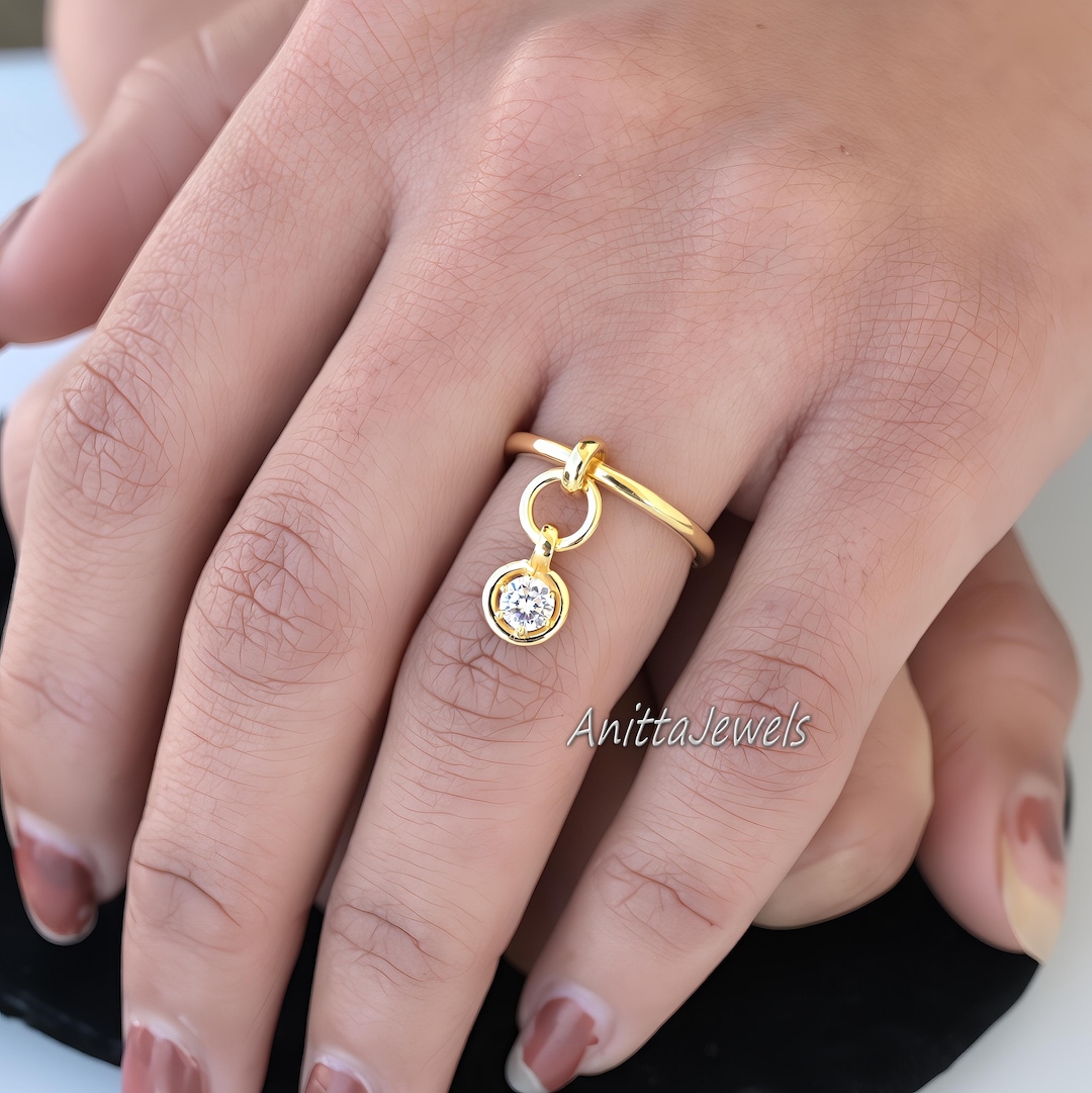 Dangling Diamond Charm Ring, Round Diamond Dangle Ring, Gold Thin Ring ...