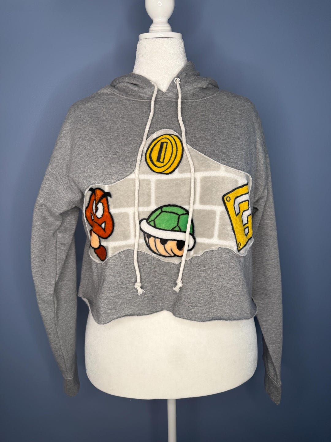 Upcycled Super Mario Fuzzy Appliqué Cropped Hoodie | Handmade Nintendo ...
