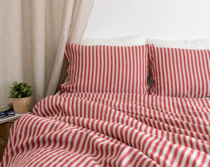 Red Striped Linen BEDDING SET From 108 In, 100% Linen. King, Queen or ...