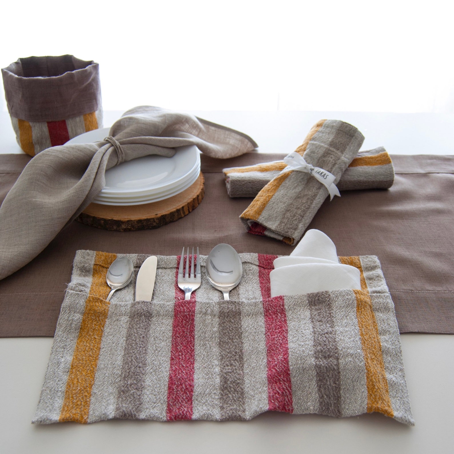 Stripped Linen Cutlery Roll - Zero-waste Cutlery Pouch - Etsy