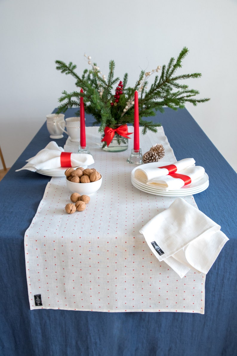 White Linen Christmas Table Runner With Red Print - Etsy