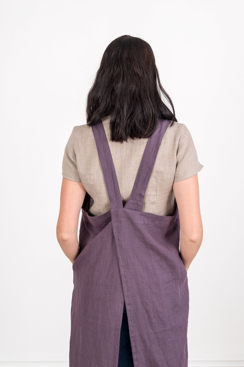 Cross back natural washed linen apron with pockets | Etsy