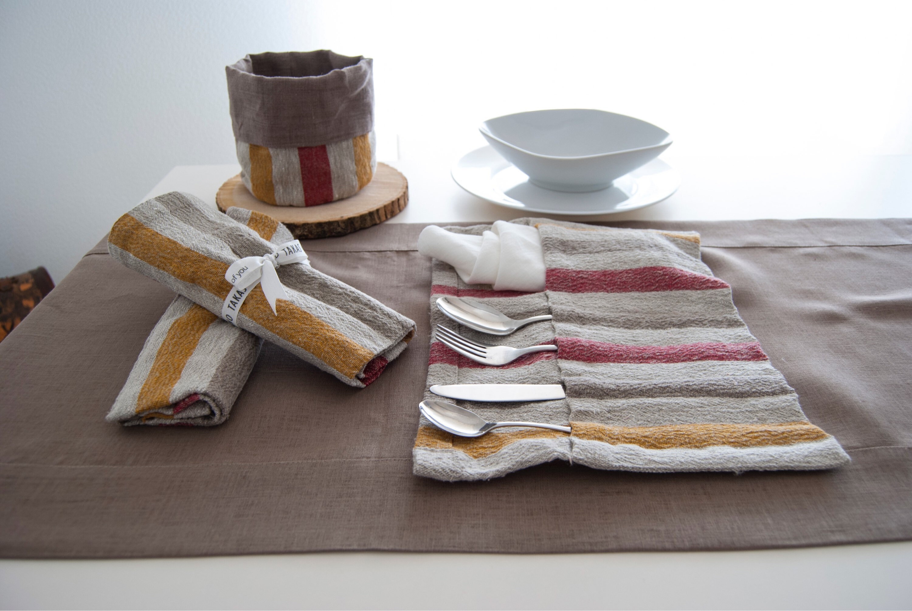 Stripped linen cutlery roll Zero-waste cutlery pouch | Etsy