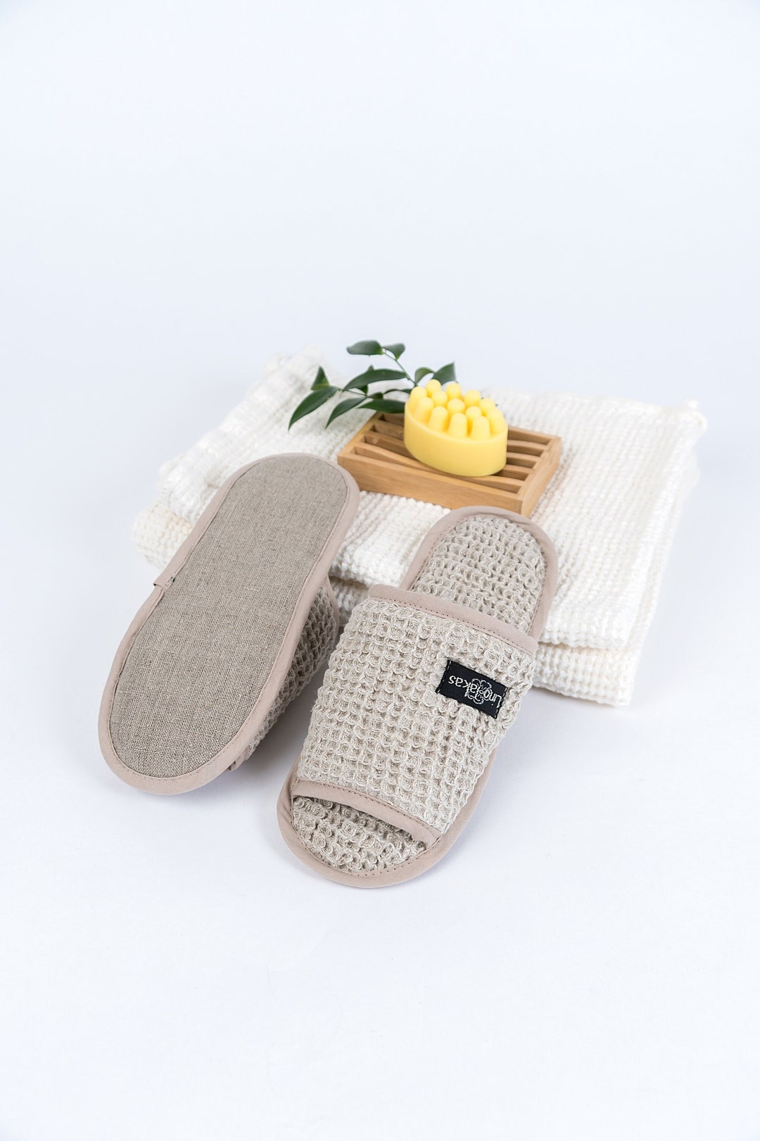 Open-toe Waffle Linen Indoor or Bath Slippers. Lightweight Hotel ...