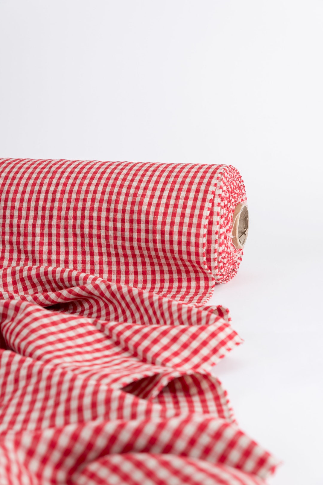 Red & Natural Linen Fabric With Mini Check Pattern. Linen Fabric With ...