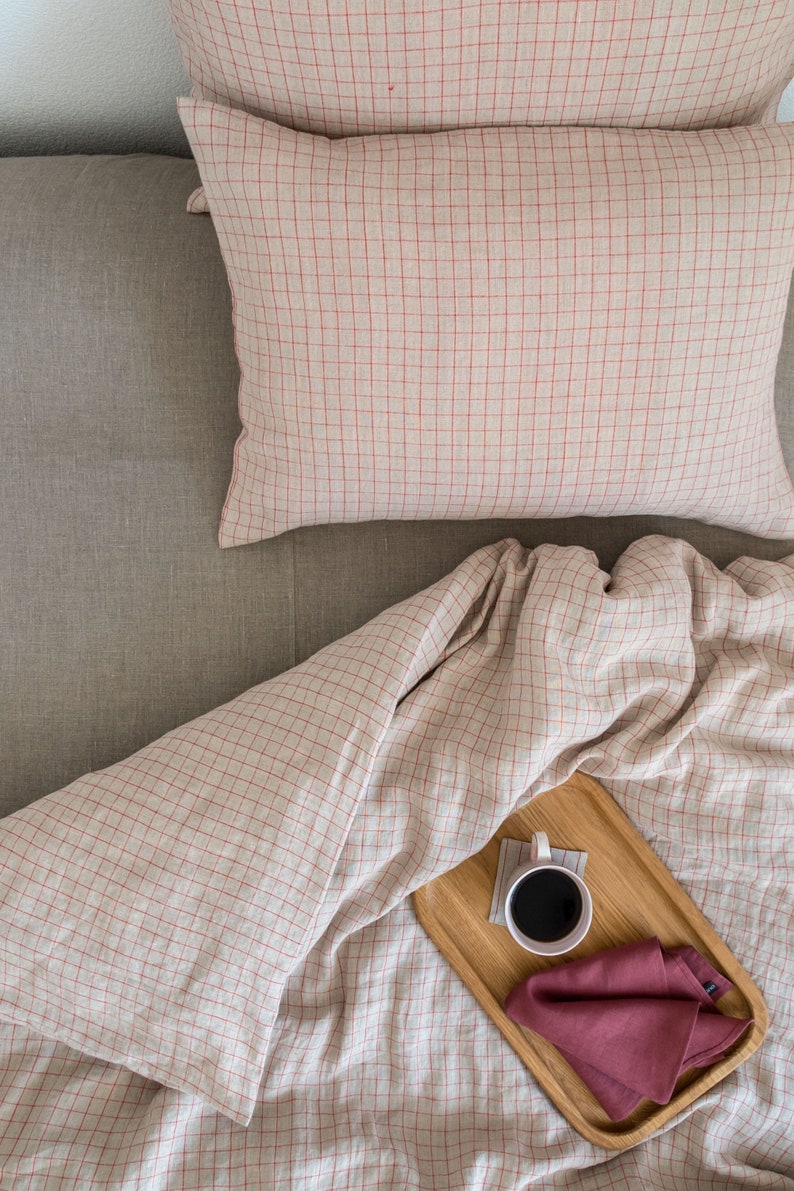 Natural Washed Linen BEDDING SET With Red Graph Check Pattern - Etsy