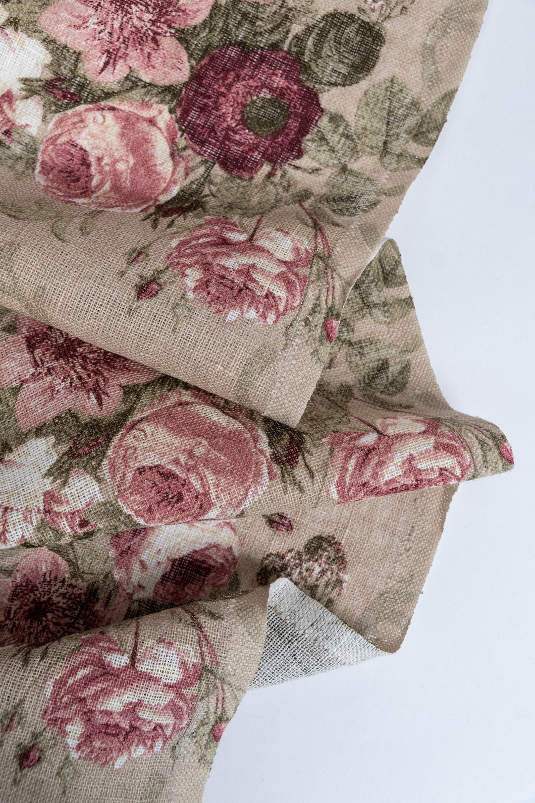 Floral Linen Fabric. Softened Linen Fabric by the Meter in Natural or ...