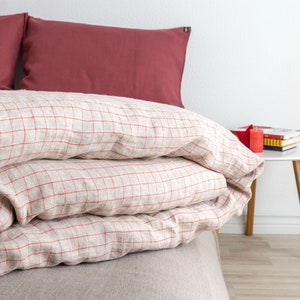 Natural Washed Linen BEDDING SET With Red Graph Check Pattern - Etsy