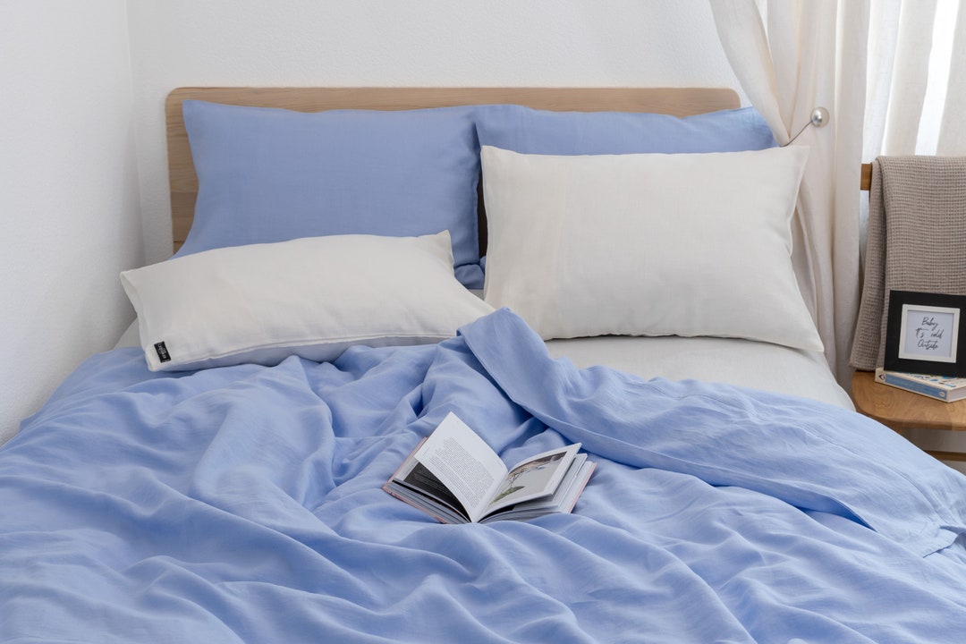 Light Blue Linen Bedding Set, 100% Washed Linen Duvet Cover With ...
