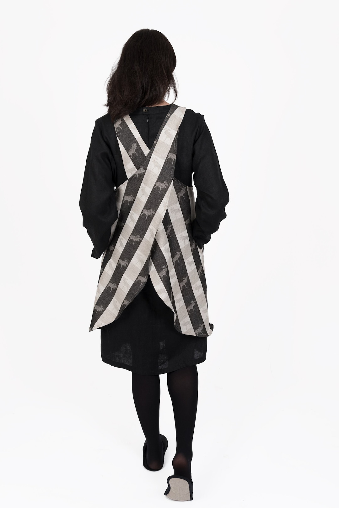 Black Linen Blend Cross Back / Japanese Style Apron With Side Pockets ...
