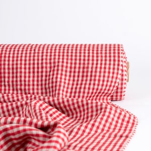 Red & Natural Linen Fabric With Mini Check Pattern. Linen Fabric With ...