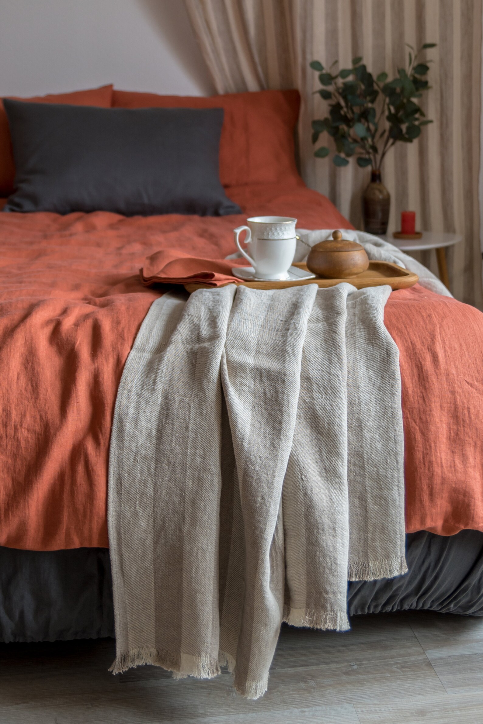 Washed Twill Linen Bed Throw With Fringe - Etsy