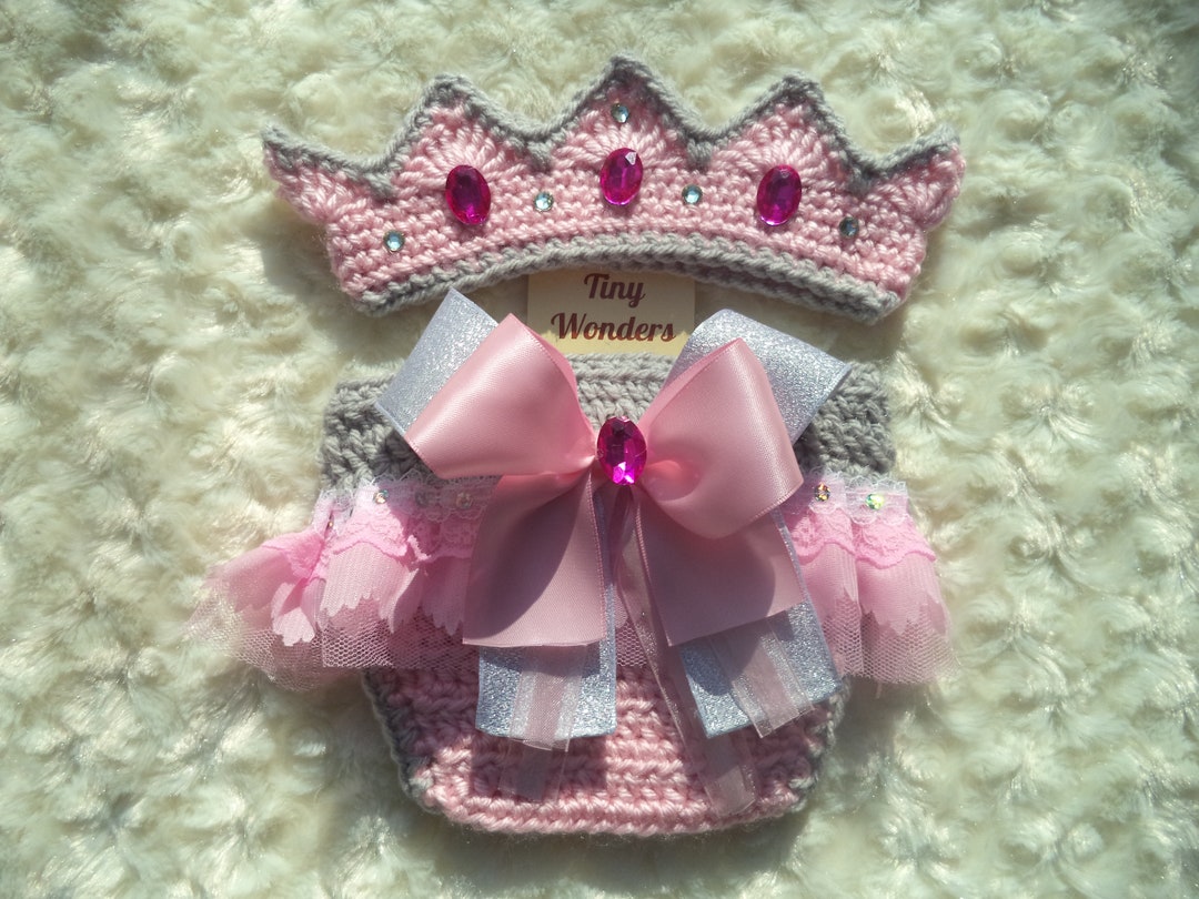 Pink-silver Crochet Baby Princess Crown, Crochet Baby Girl Outfit ...