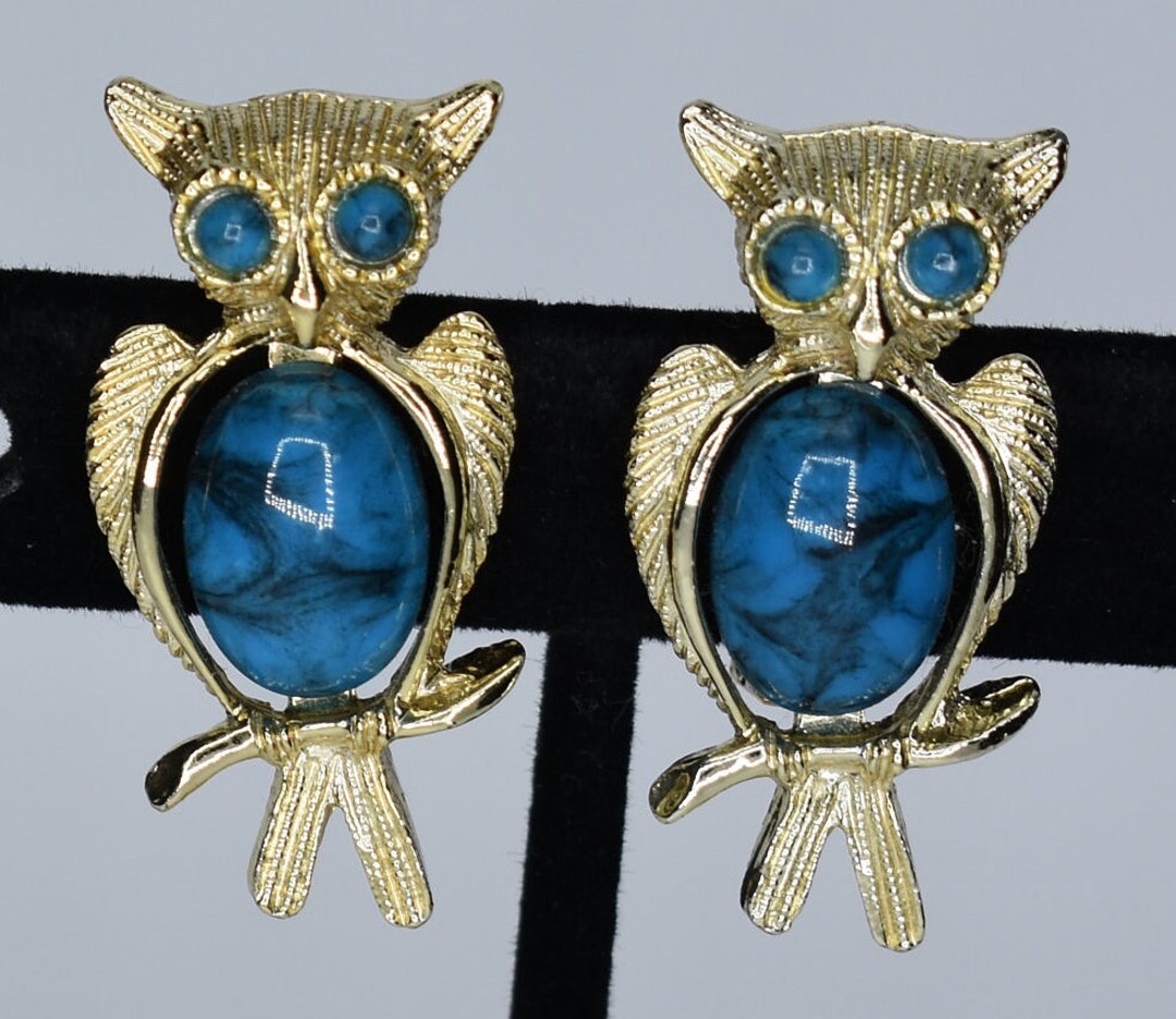 2 Jelly Belly Owl Brooches Gold Tone With Faux Turquoise Chest and Eyes ...