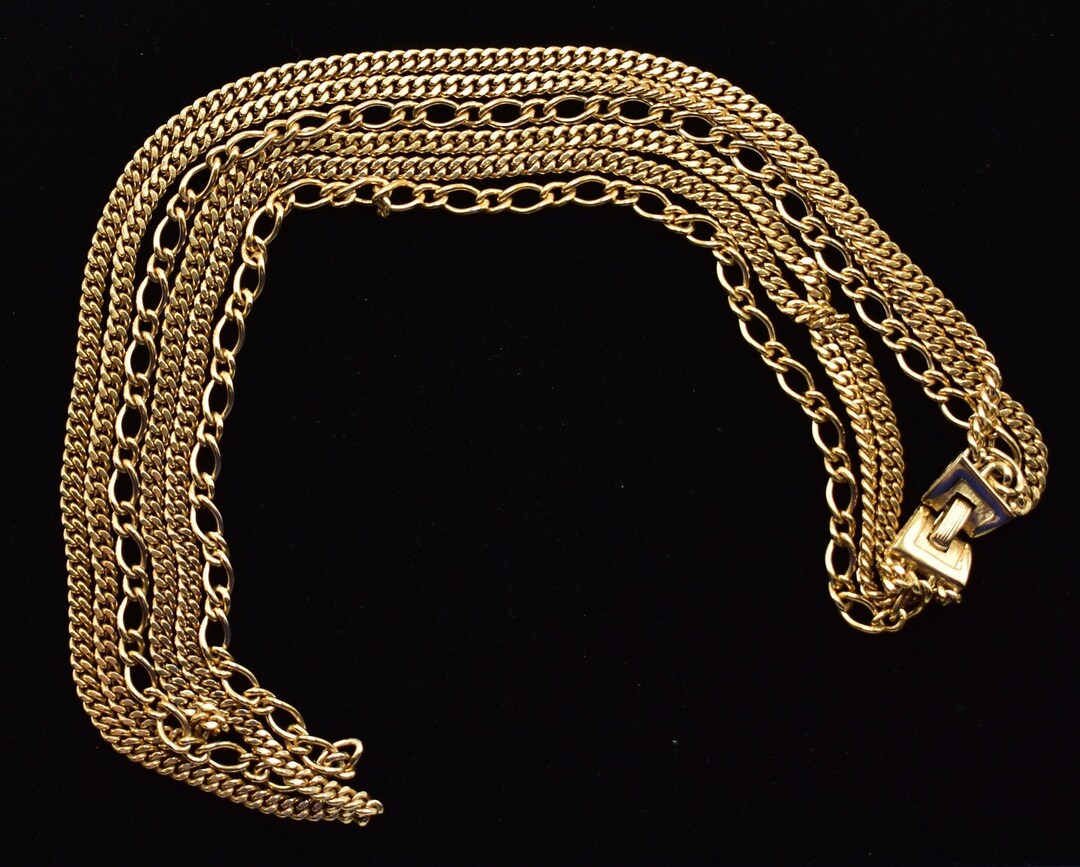 Crown Trifari Long Dangle Chain Necklace - 3 Strand Gold Tone Chain ...