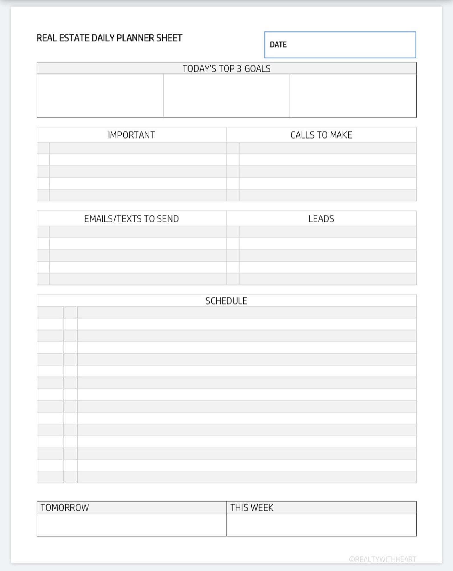 Real Estate Daily Planner Sheet PDF Printable | Etsy