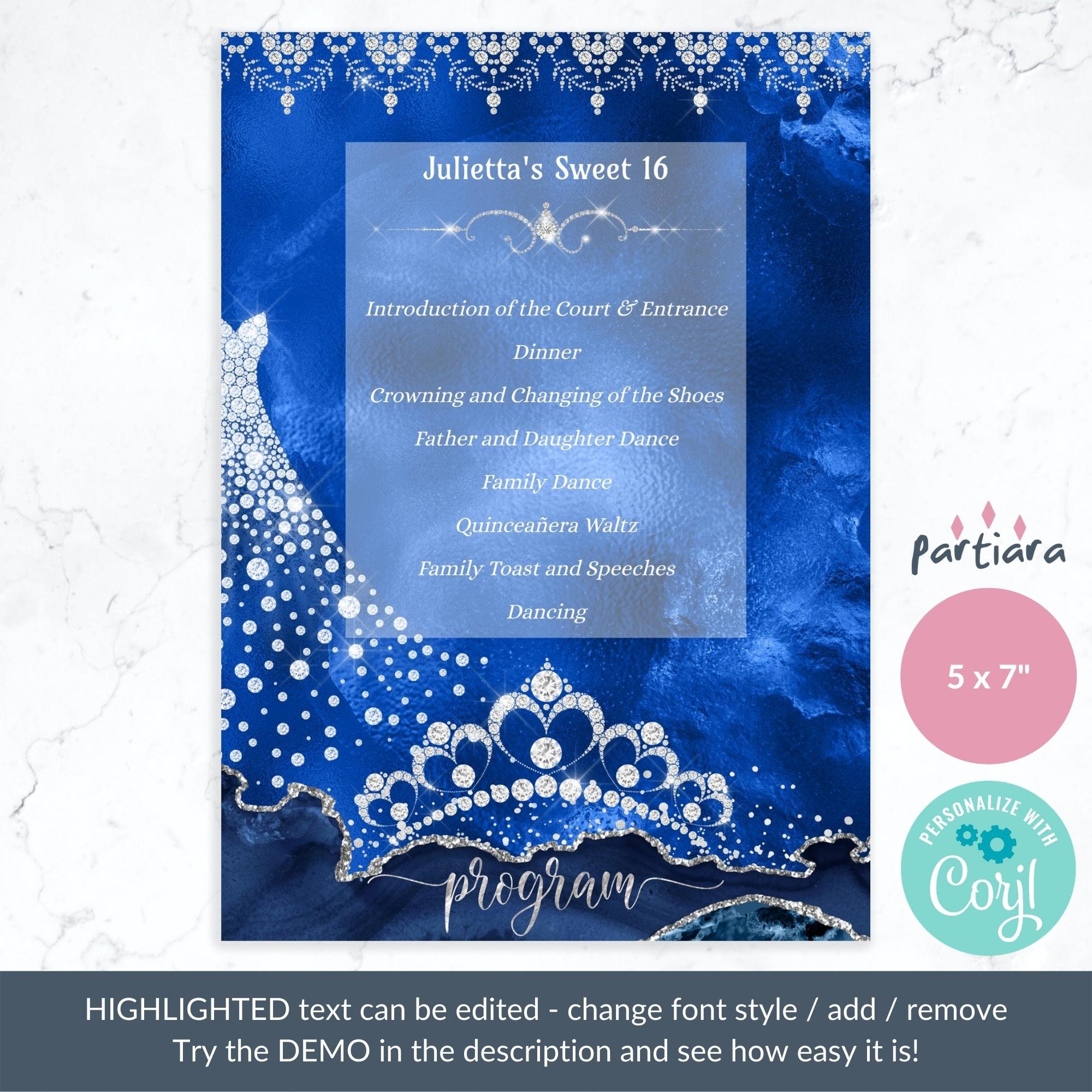 Royal Blue Silver Sweet 16 Birthday Party Program Card - Etsy